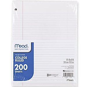 Mead Loose Leaf Paper, 3 Hole Punch Reinforced Filler Paper, College Ruled Paper, 10-1/2" x 8", 200 Sheets (15326) White