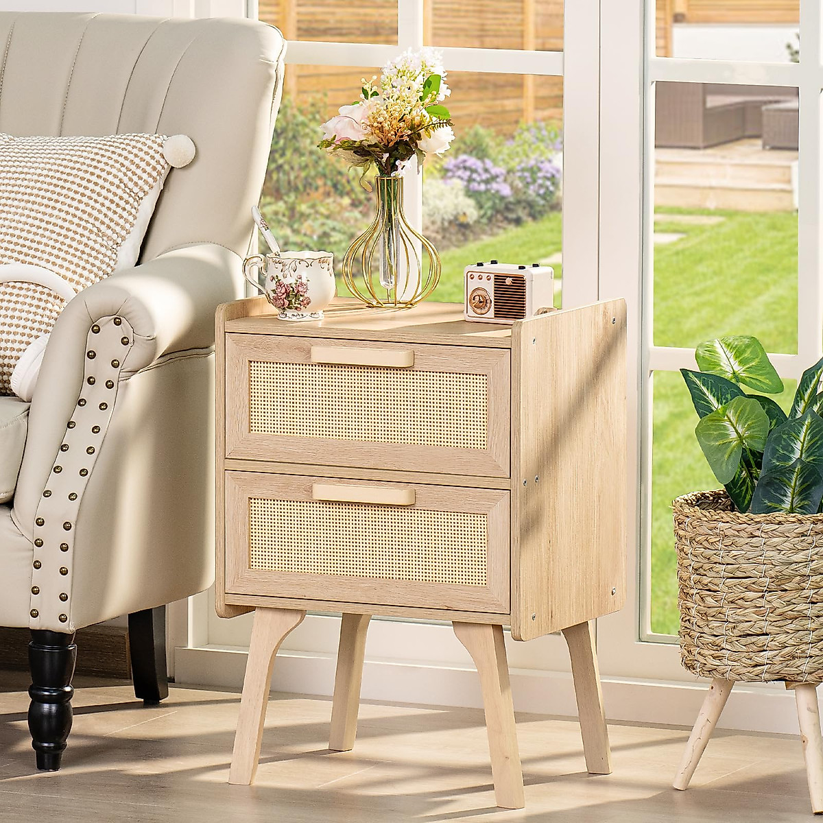 Lerliuo Rattan Nightstand, Boho Night Stand with 2 Drawers, Cane Accent Side End Table, Bedside Table with Solid Wood Legs for Bedroom, Dorm and Small Spaces (Natural)