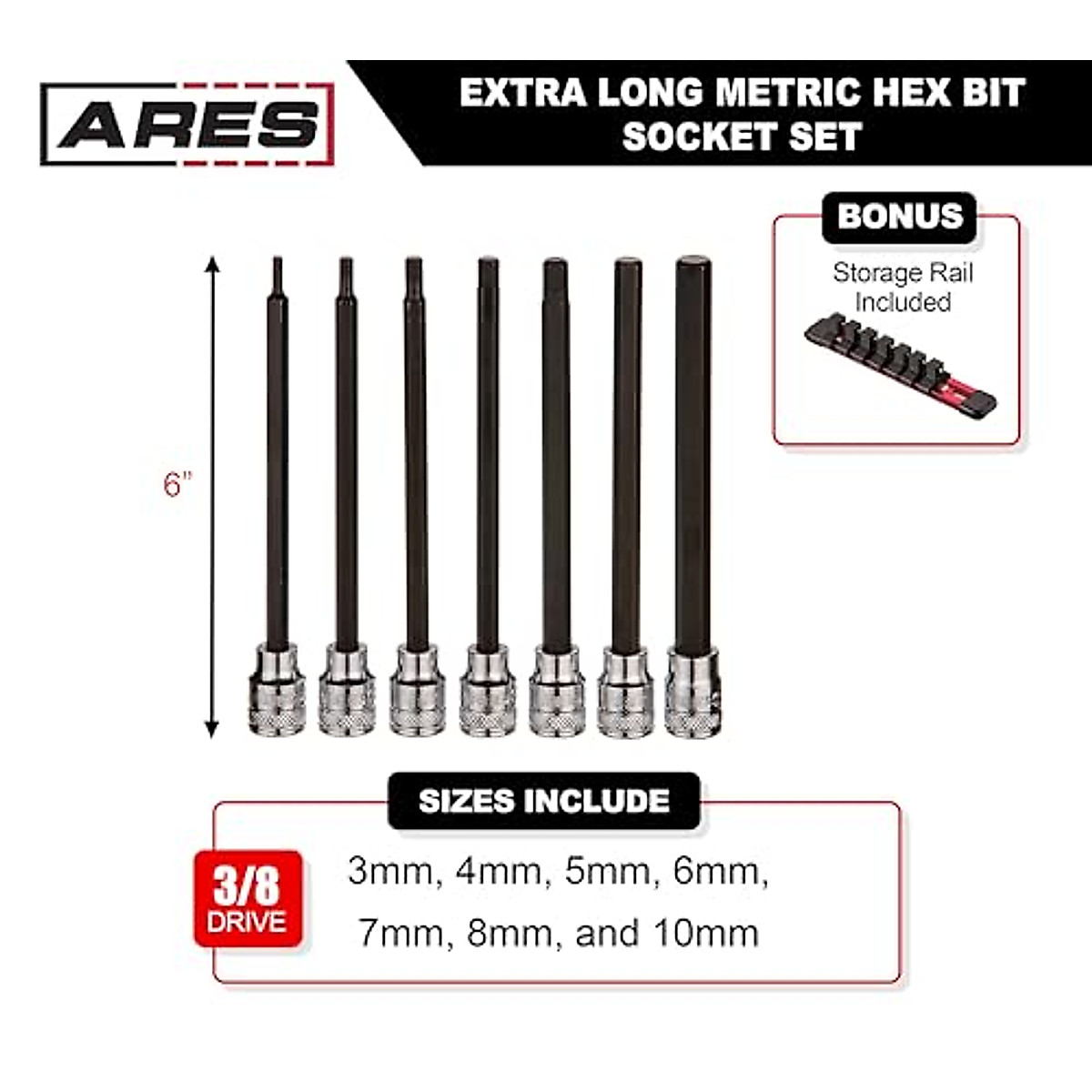 ARES 39007 - Extra Long Metric Hex Bit Socket Set - S2 Bit Provides Greater Torque - Convenient Storage Rail Included - Heat Treated Chrome Vanadium Steel Sockets