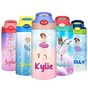 Yibanda Personalized Ballerina Gift Custom Dance Water Bottle with Name Straw Lid Customized Ballet Tumbler Dancer Cup Gifts for Ballerina Girls Kids Women 12oz