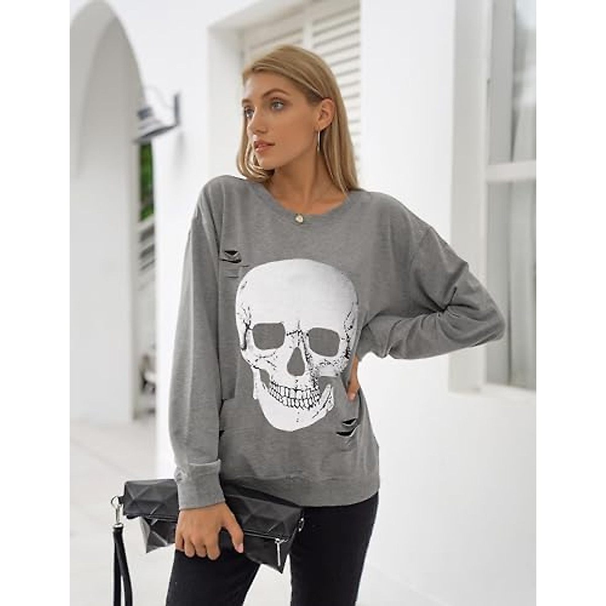 Blooming Jelly Women's Halloween Sweatshirts Skull Graphic T Shirts Long Sleeve Pullover Gothic Fall Trendy Outfits 2024 (Large, Grey)