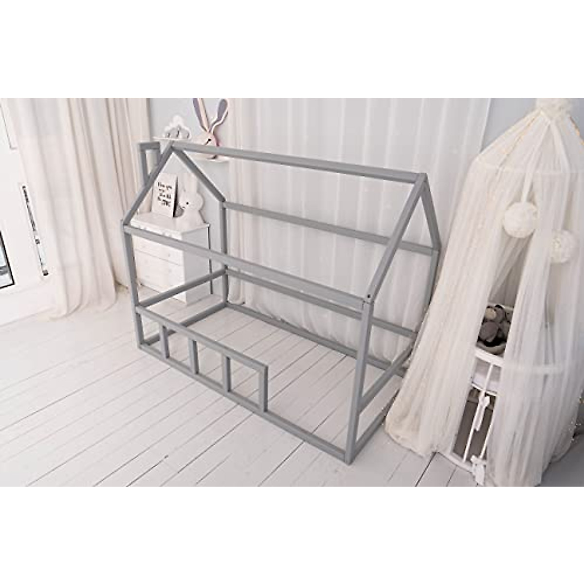 BUSYWOOD Montessori Twin House Bed - Toddler Floor Bed Frame - Kids Furniture - Indoor Playroom - Floor Bed House - Montessori Bed for Toddlers (Model 2, Grey, Floor Bed)