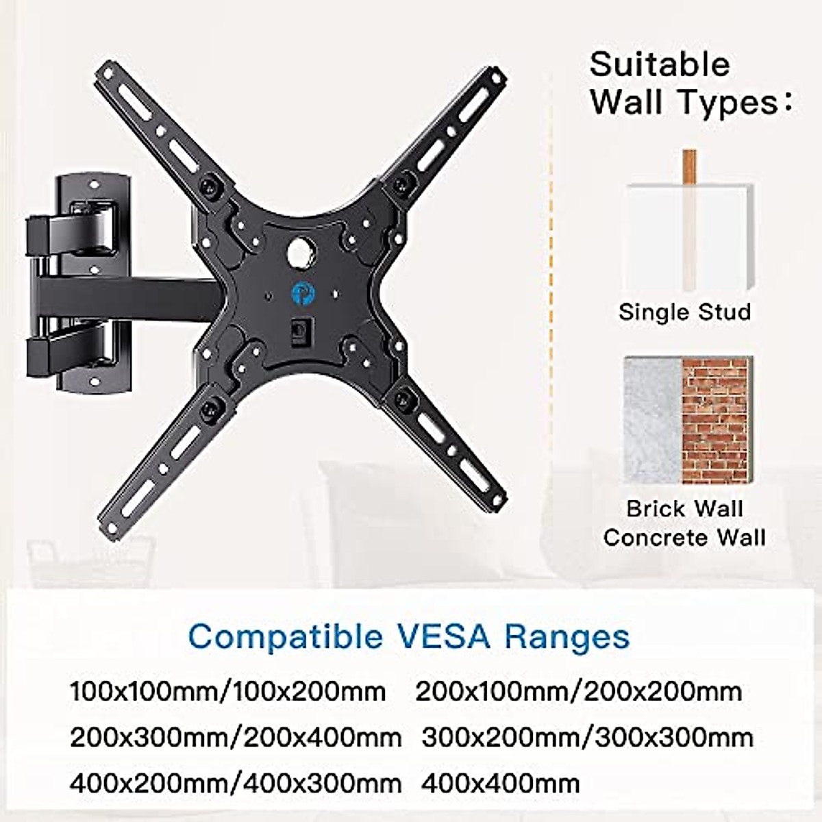 Full Motion TV Wall Mount Brackets for Most 26-55 Inch LED LCD Flat Curved Screen Monitors TVs, Single Articulating Arm TV Mount Swivel Tilt Extension, Max VESA 400X400mm Up to 88lbs by Pipishell