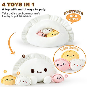 Ditucu Cute Dumpling Plush Pillow Mommy 14 inch with 3 Babies 4 inch Funny Family Food Shaped Stuffed Animals Plushies Toys Gifts for Kids