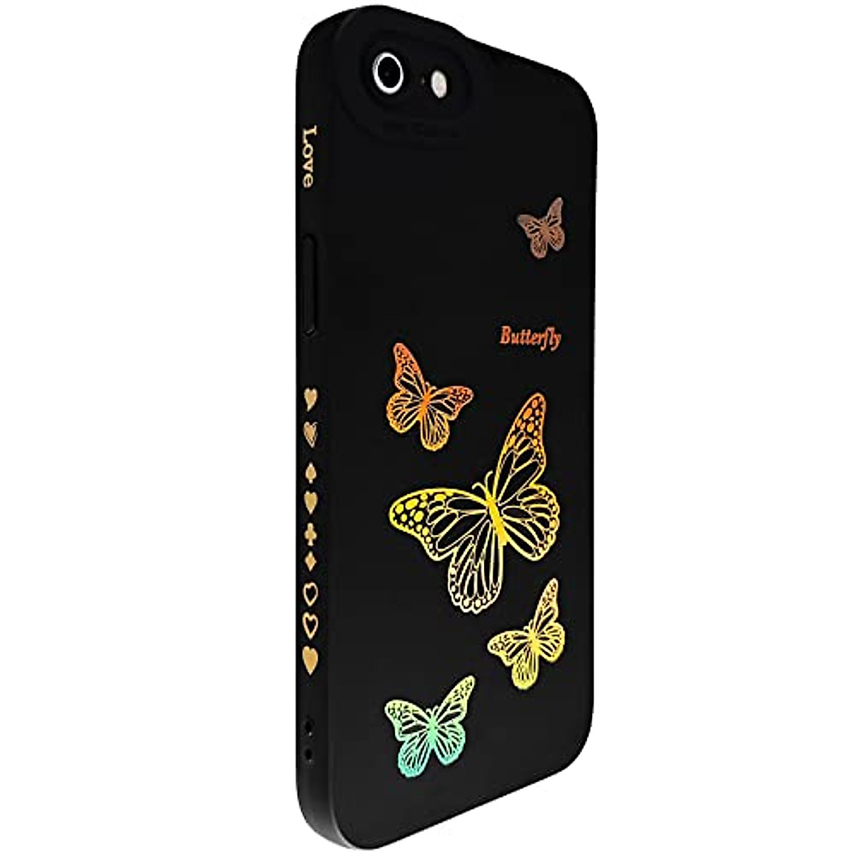 Qokey for iPhone SE 2022/SE 2020/iPhone 8/iPhone 7 Case,Side Cute Plated Love Heart Bling Butterfly with Full Camera Lens Cover Protection Soft TPU Shockproof Phone Case for Women Girls Men,Black