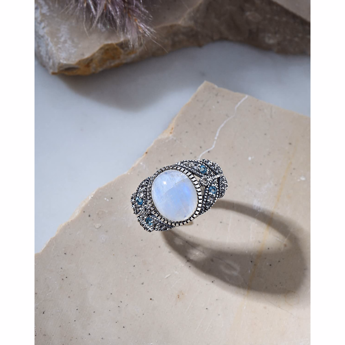 YoTreasure Rainbow Moonstone Swiss Blue Topaz 925 Sterling Silver Designer Ring Jewelry