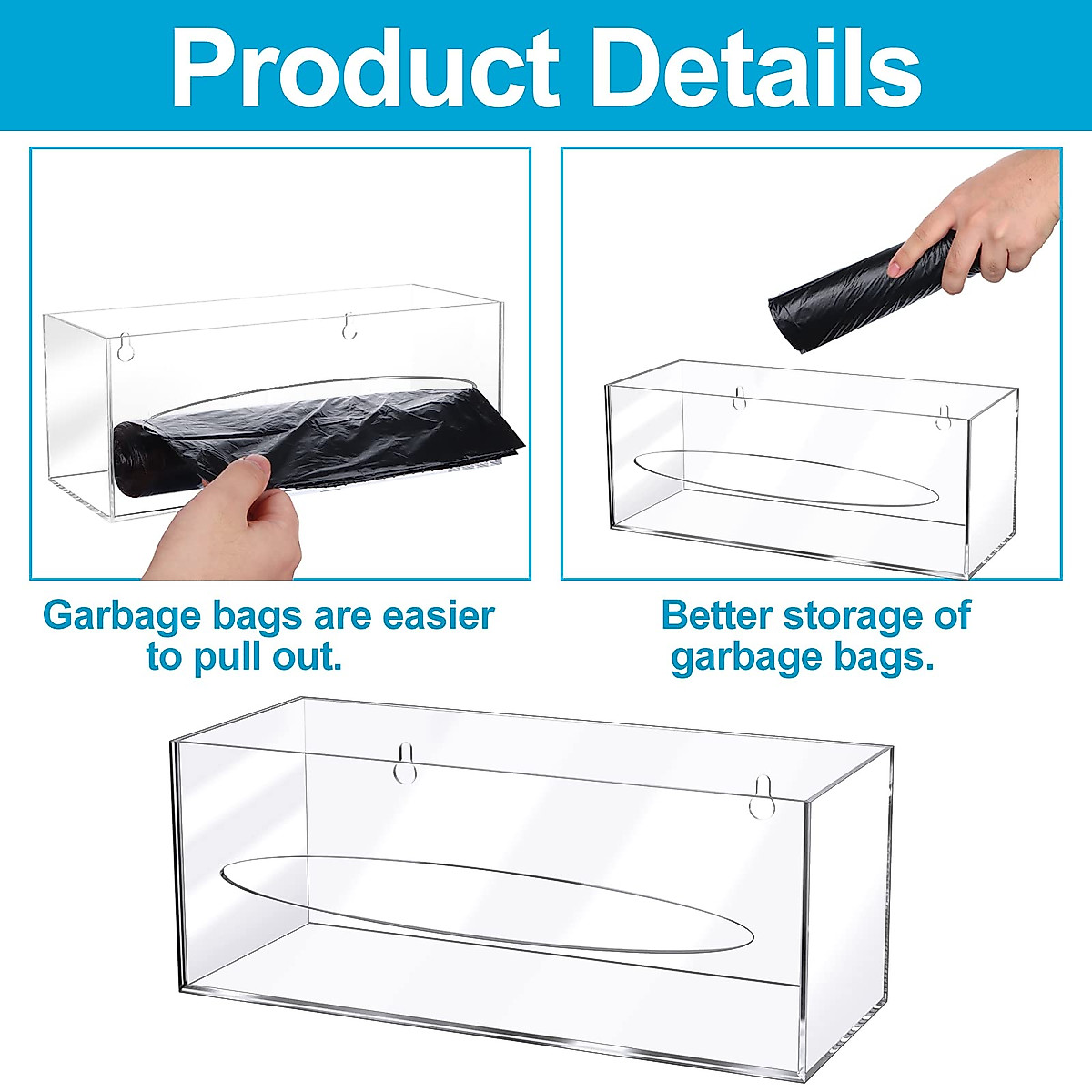 2 Pack Trash Bag Dispenser 10x4x4 Inch Acrylic Garbage Bag Dispenser One Roll of Bags Clear Trash Bag Dispenser, Vertical or Horizontal Wall Mounting Garbage Bag Holder for Kitchen Restaurant Office