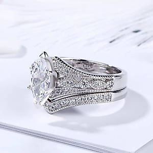 Jeulia 2 Pieces Ladies Rings Set Sterling Silver Milgrain Marquise Cut Rings Jewelry for Bridal Wedding Band Engagement Anniversary Ring (6)