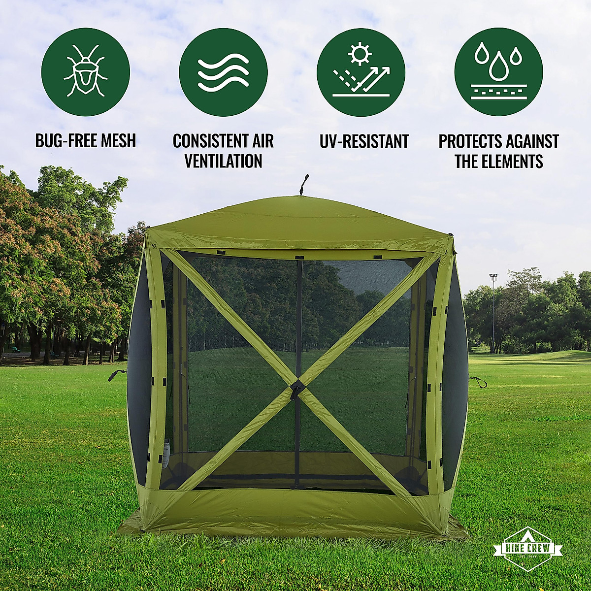 Hike Crew 6’ x 6’ Pop-Up Gazebo Screen Tent | Screened 4-Sided Instant Outdoor Canopy Shelter with Stakes, Ropes & Carry Bag for Camping, Sports & Picnic Table | UV Resistant SPF 50+