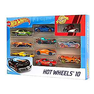 Hot Wheels Set of 10 Toy Cars & Trucks in 1:64 Scale, Race Cars, Semi, Rescue or Construction Trucks (Styles May Vary)