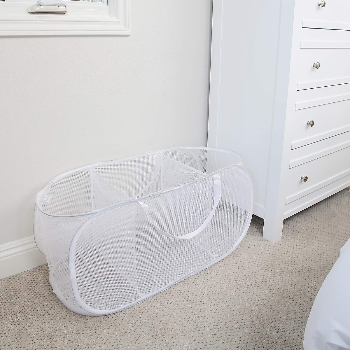 Smart Design Deluxe Mesh Pop Up 3 Compartment Laundry Sorter Hamper Basket - VentilAir Fabric Collapsible Design - for Clothes & Laundry - Home Organization (Holds 6 Loads) (33 x 15 Inch) [White]