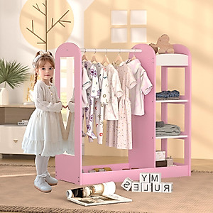 67i Kids Dress up Storage with Mirror Kids Play Armoire Open Hanging Armoire Closet Storage Closet Dresser Pretend Costume Dresser Organizer Center for Little Girls Bedroom (Pink)