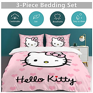WNDKSQG Cartoon Bedding Set Kawaii Pink Cat Duvet Cover for Women Girls Cute Lightweight 3 Pieces Comforter Cover Sets with 1 Duvet Cover and 2 Pillowcases 218x177 cm
