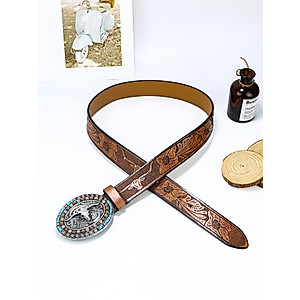 Women Western Cowboy Belt - PU Leather Longhorn Bull Turquoise Embossed Buckle Belt for Jeans Pants Dresses