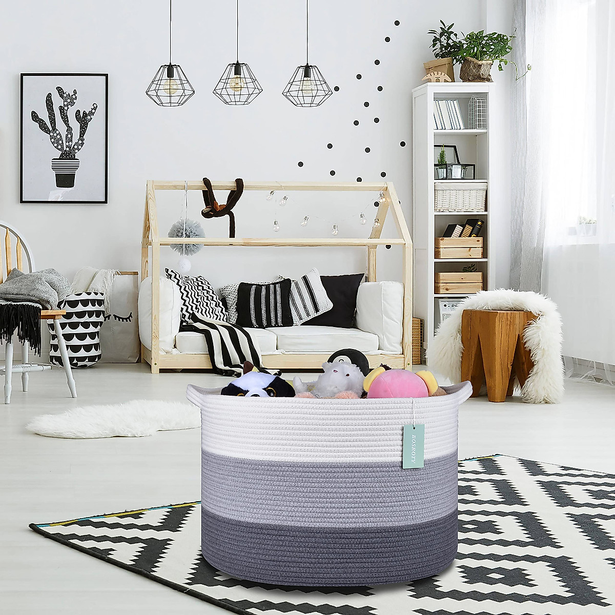 BOSROTY Extra Large Blanket Basket 87L, Laundry Hamper, Baby Nursery Hamper, Large Laundry Basket For Girls Boys, Cotton Rope Basket, Clothes Basket Laundry, 22”x 14”, White & Gray