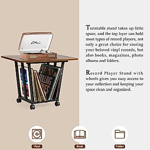 Hadulcet Record Player Stand Vinyl Records Holder, Turntable Stand and LP Album Storage Rack with wheels and dividers, Rustic Brown