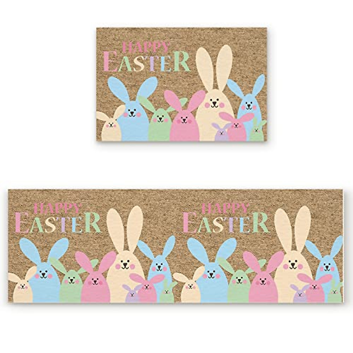 Arts Print Easter Bunny Kitchen Mats Set of 2,Colorful Rabbits Retro Texture Floor Mat,Non-Slip Durable Kitchen Rugs for Kitchen Sink,Laundry Room,15.7x23.6Inch+15.7x47.2Inch