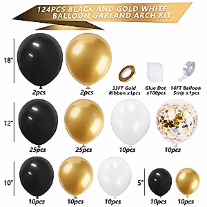 Black and Gold Balloons Garland Arch Kit, 124pcs 18 12 10 5 In Black White Metallic Gold Confetti Latex Balloons Arch Kit for Graduation Baby Shower Birthday Wedding With Balloon Strip and Gold Ribbon