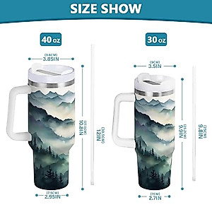 Qilmy 40 oz Mountain Forests Tumbler with Handle and Straw Lid for Water Iced Tea or Coffee, Stainless Steel Insulated Leak-proof Travel Coffee Mug Cup Gifts