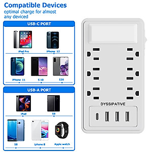 Outlet Extender multiport，Surge Protector Power Strip with Warm nightlight，USB C Wall Charger with 6 Electric Outlet , USB Multi Plug，Outlet Splitter for Home，Office，Dorm，Bathroom