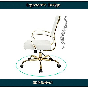 LeisureMod Benmar Modern Mid-Back Adjustable Swivel Leather Office Chair with Gold Frame (White)