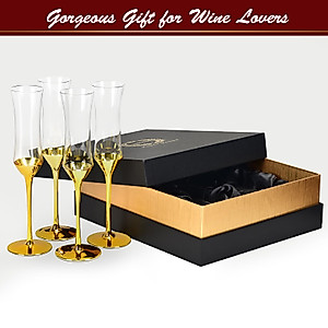 Chouggo Golden Colored Champagne Flutes Set of 4 with Premium Gift Box - Unique Golden Stem and Bottom Design - Act Deco Long Stem Hand Blown Crystal Champagne Glass - 5.5Oz