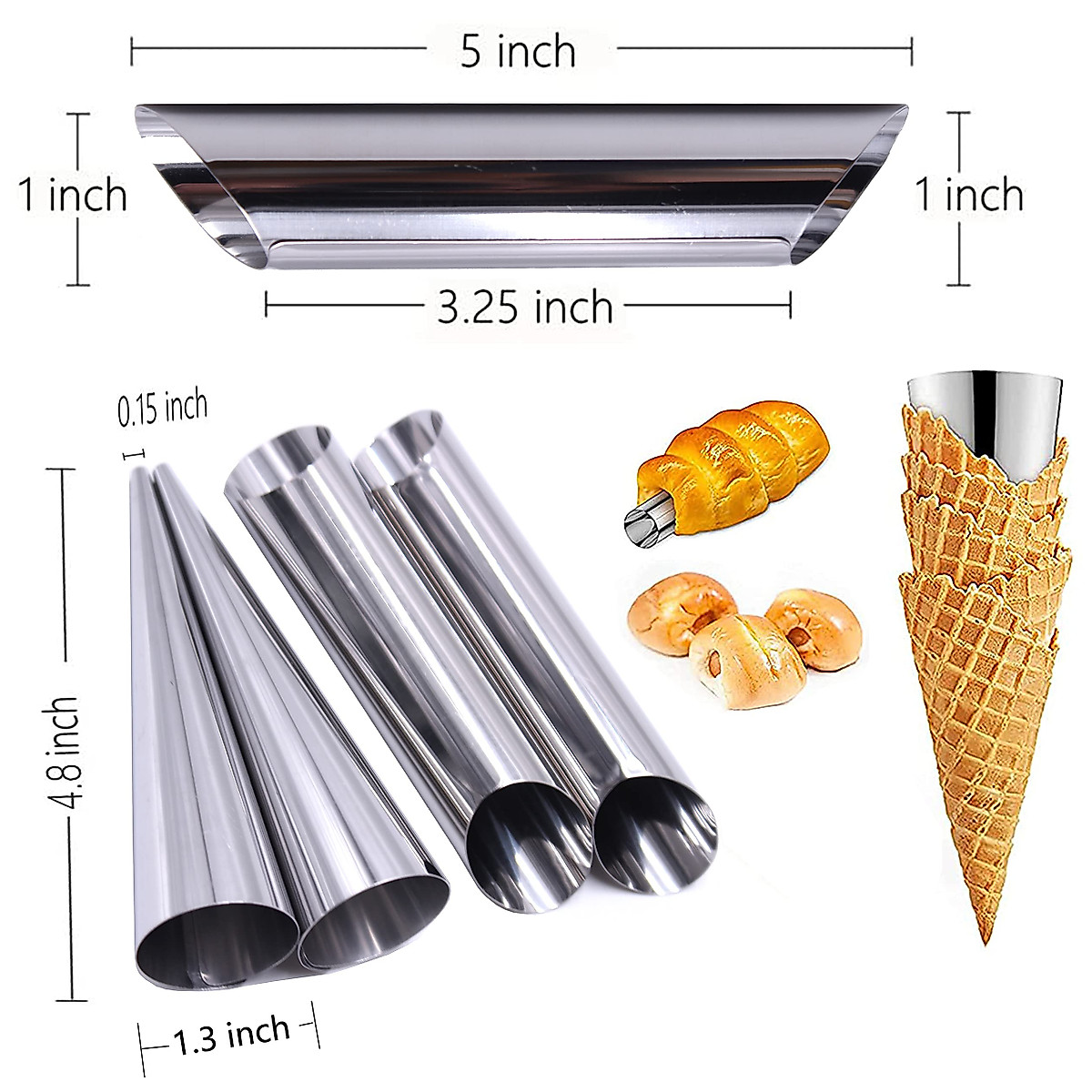 Cream Horn Molds, 21 pcs Moulds Stainless Steel Cannoli Form Tubes Cream Roll Mold Screw Croissant Mold Cone Tubular Shaped Mold for Cannoli Tubes Croissant Baking Forms Mould with Cleaning Brush