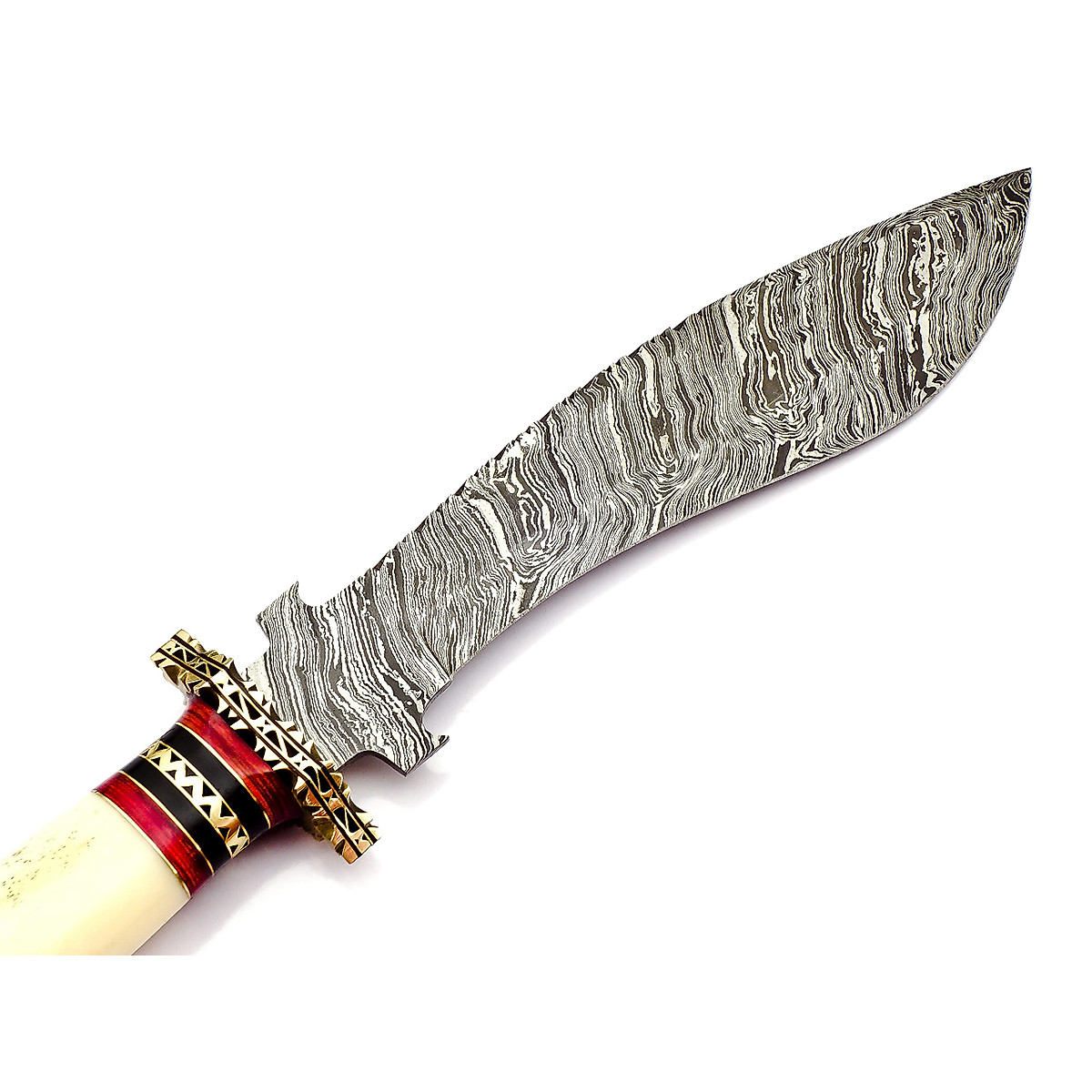 Skokie Knives Custom Damascus Steel Hunting Knife Camel Bone Handle with Brass Spacer -Handmade Premium Quality Edge Fixed Blade – For Multipurpose – Ideal for Survival Hunting Camping Hiking Outdoor Every Day Carry Professional Use Art of Craftsmanship E