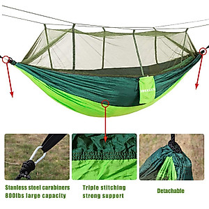 IDEALUX Camping Hammock with Net, Lightweight Portable Double Parachute Hammocks, 210T Nylon, High Capacity and Tear Resistance, Perfect for Camping, Backyard Relaxation (Green)