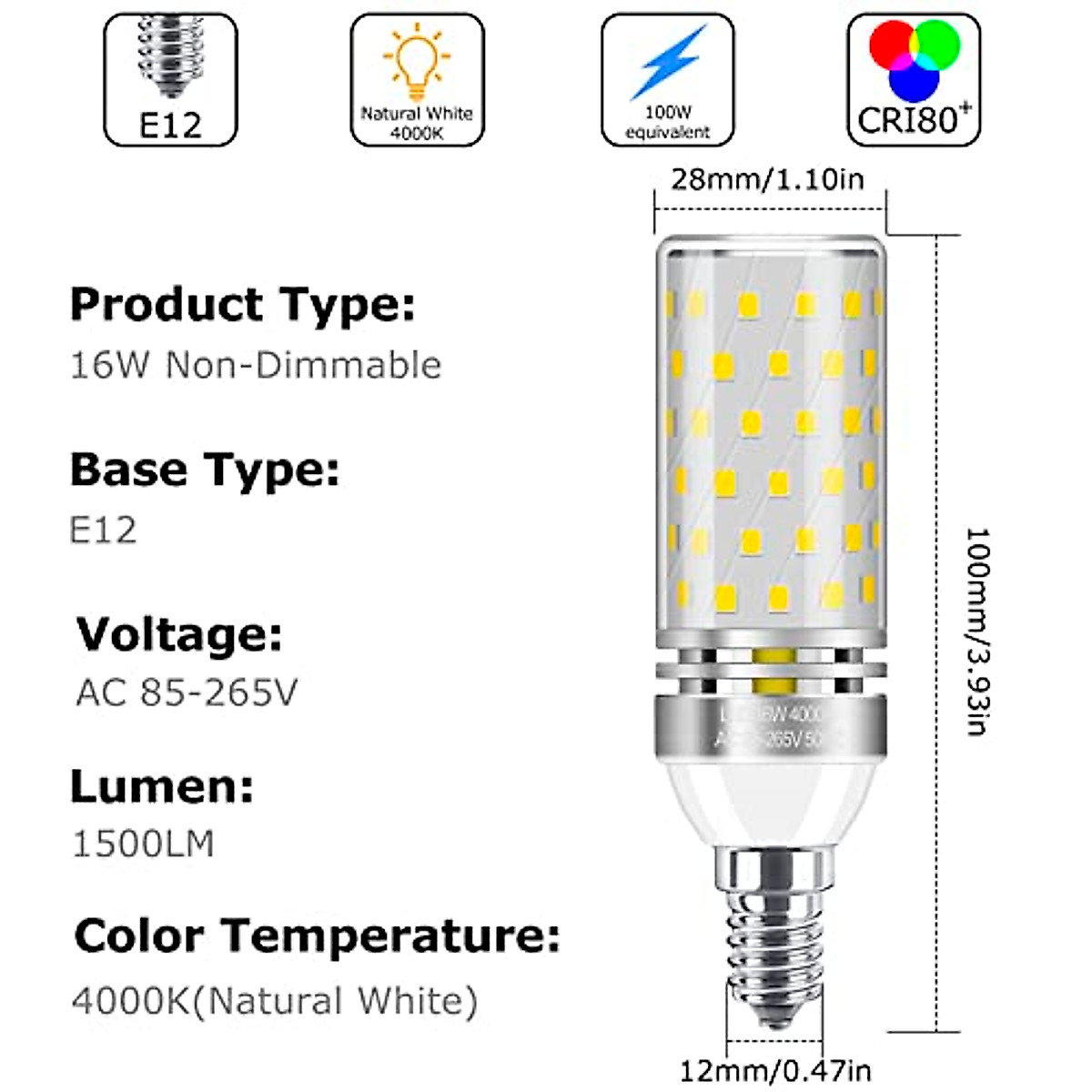 16W E12 LED Corn Bulbs, 1500LM Natural White 4000K Candelabra Light Bulbs, 100W Equivalent, E12 Base LED Chandelier Bulbs, Non-Dimmable LED Lamp, 4Pack