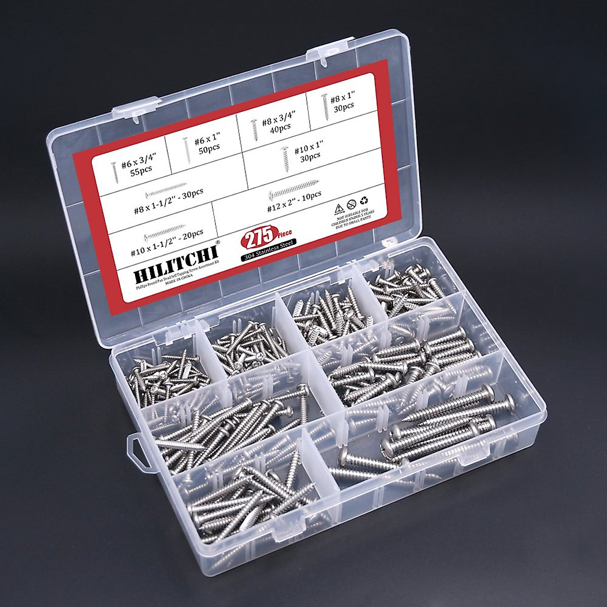Hilitchi 275-Piece Stainless Steel Phillips Round Pan Head Self Tapping Screw Assortment Kit (Round Pan Head)