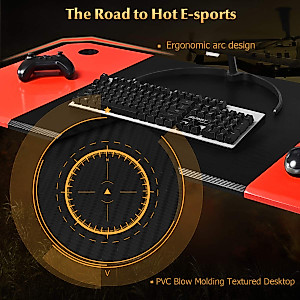 Tangkula Gaming Desk, Z-Shaped Computer Desk Professional Gamer Workstation with PVC Blow Molding Textured Surface, Gamer Table Desk w/Cup Holder, Headphone Hook & Audio Stands