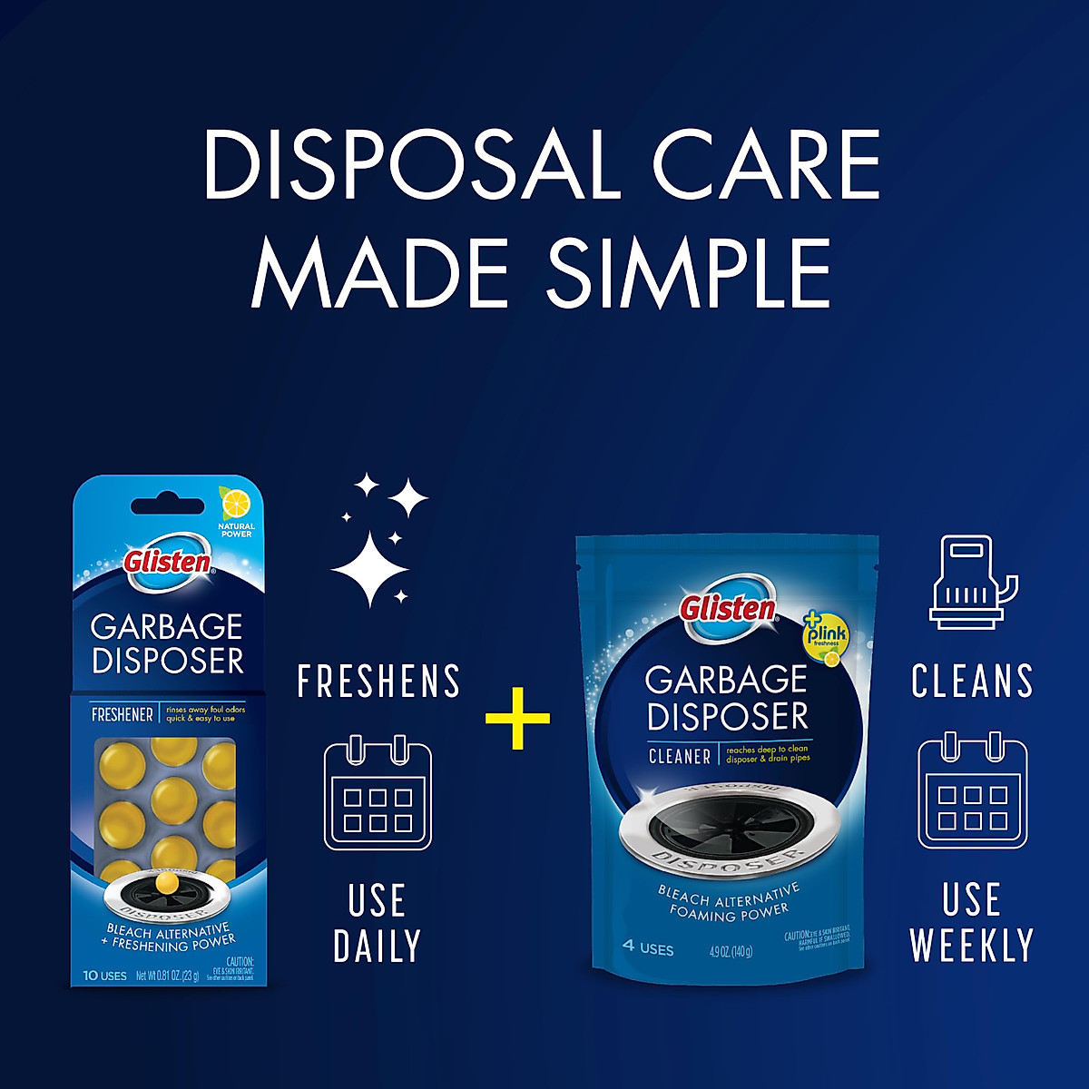 Glisten Garbage Disposer Cleaner, Odor Eliminator with Foaming Action, Removes Build-up and Deep Cleans, Lemon Scent, 4 Uses