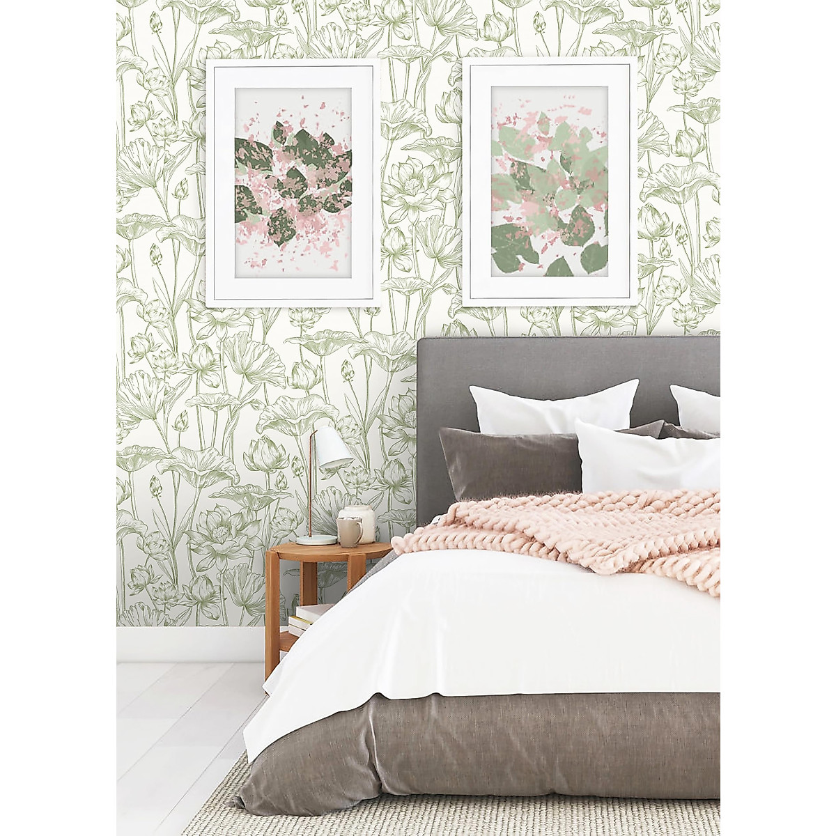Vinjiasin Peel and Stick Wallpaper Green Floral Wallpaper Removable Wallpaper Self Adhesive Flower Leaf Contact Paper Lotus Wall Paper for Bedroom Bathroom Wallpaper Wall Covering 17.32"x 78.7"