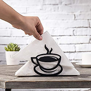 MyGift Black Metal Upright Dining Table Napkin Holder with Cafe Steaming Cup Cutout Design, Countertop Kitchen Coffee Bar Decor
