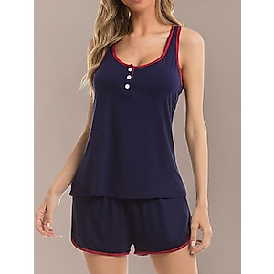 Vlazom Women's Pajama Short Set Soft Cami 2 Pieces Pj's Sets Tank Top and Shorts Sleepwear Set with Pockets, Style A-Navy,XL