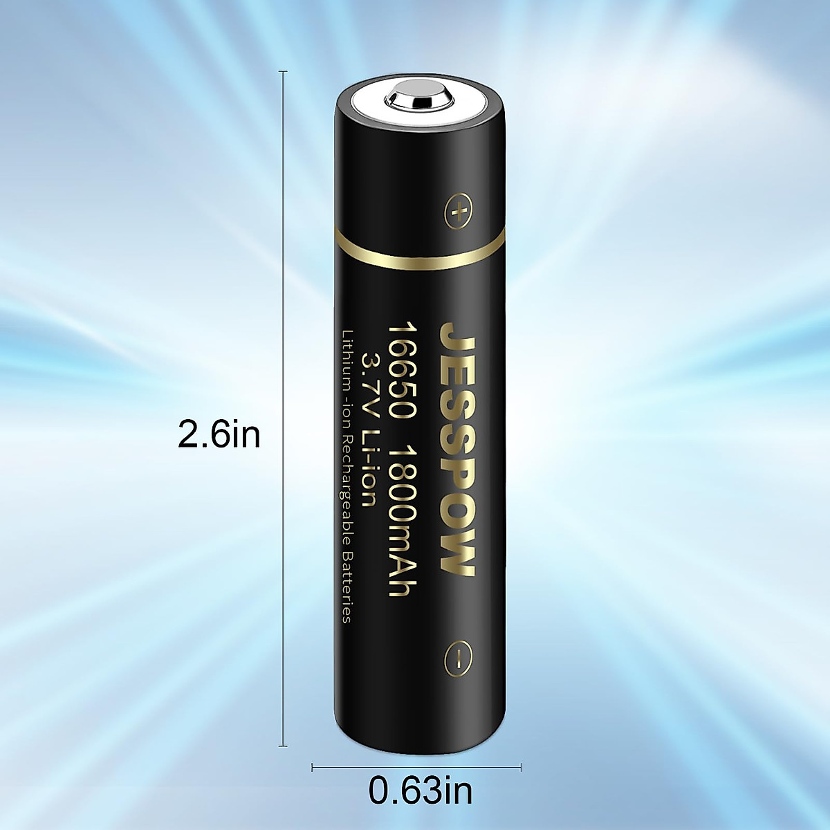 JESSPOW 16650 Rechargeable Battery, 16650 Battery 1800mAh 3.7V Li-ion Rechargeable Battery with Button Top for Flashlights Torches - 2 Pack