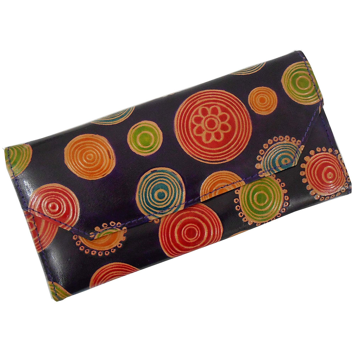 Circles Design Genuine 100% Pure leather Embossed Handmade Colorful Shantiniketan Hand Purse in Blue