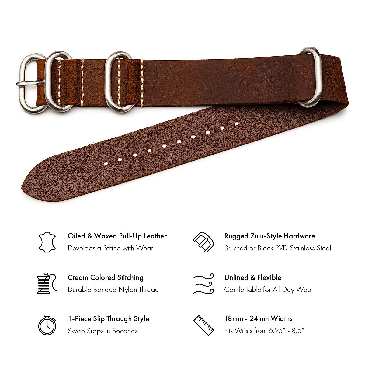 Benchmark Basics Leather Watch Band - Zulu Crazy Horse Oiled Leather Military Style One-Piece Watch Strap - 18mm Dark Brown