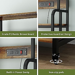 Kitchen Bakers Rack with Power Outlet ,Microwave Stand ,Coffee Bar Table 4 Tiers,Kitchen Racks And Shelves, Adjustable Coffee Bar,Kitchen Storage Shelf Rack for Spices, Pots and Pans-Rustic Brown