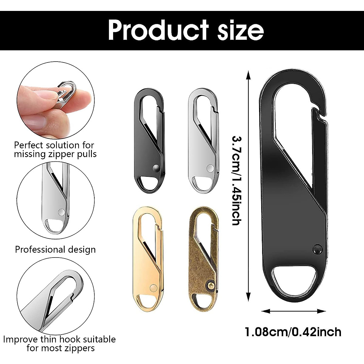 Zipper Pull Tab Kit Zipper Pull Replacement,Metal Zipper Pulls for Purses,Handbags,Luggage,Backpacks,Coats,Detachable Zipper for Sewing,with Small Storage Box(10+1 Pcs,Black,Silver,Gold,Bronze,Grey)