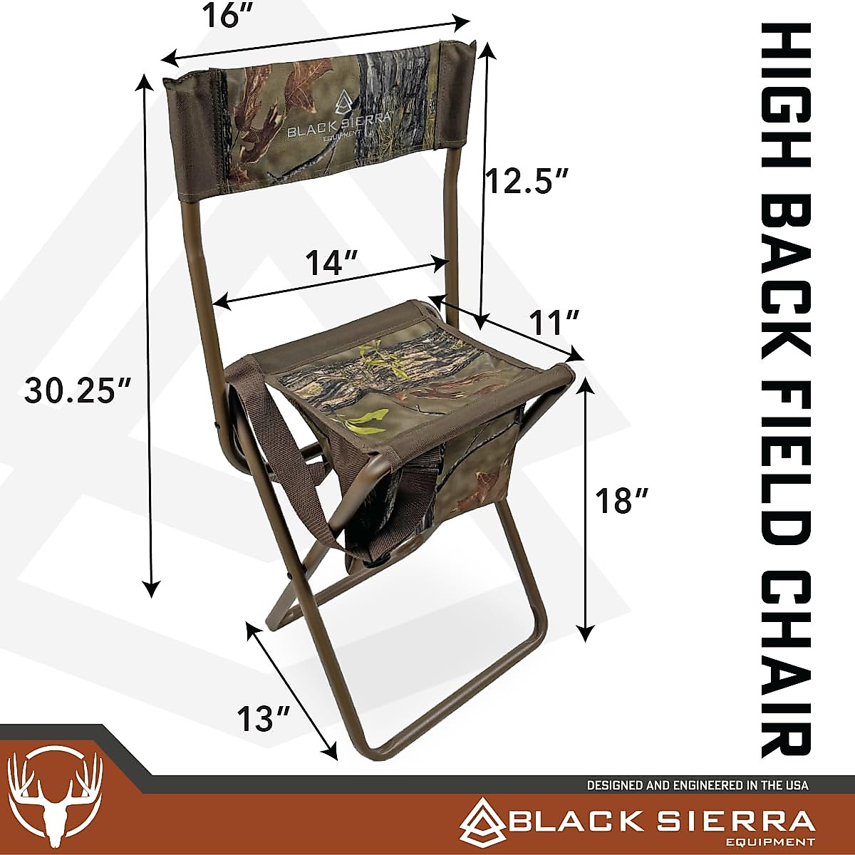 Black Sierra Folding Hunting Stool w/Under Seat Storage Pouch and Carry Strap, Lightweight Portable Hunt Chair w/Backrest, Heavy-Duty Steel Frame Supports 250 LBS, for Hunting, Fishing