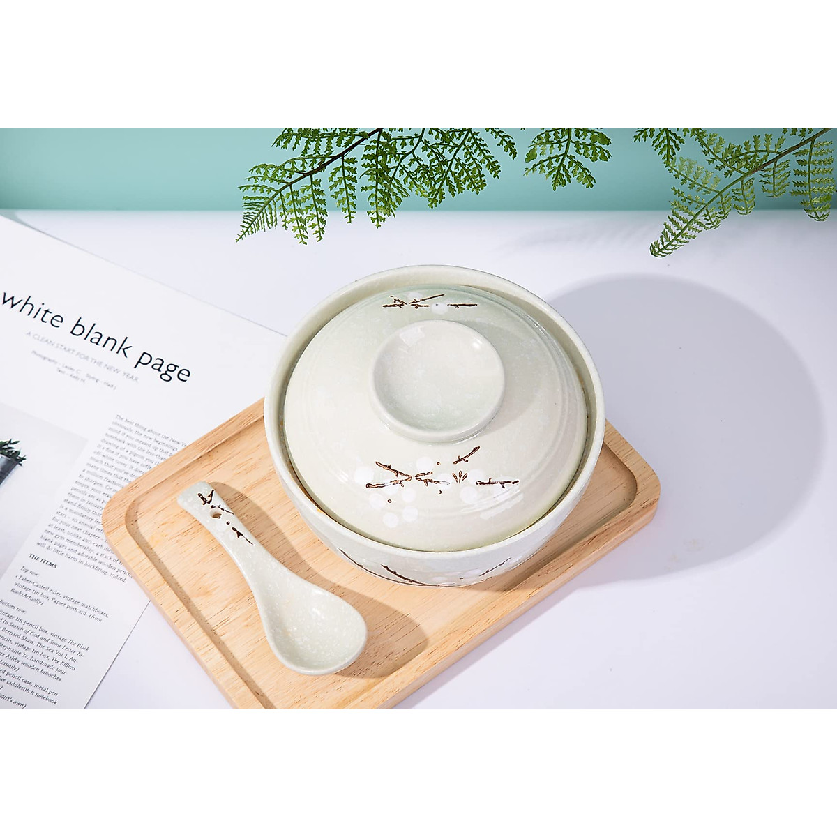 LLDAYU Japanese Creative Hand-Painted Ceramic Bowls with Soup Spoon, Large 27.5 OZ ramen bowls/Soup bowls,with Heat Preservation Function, and Suitable for Microwave Oven, and Dishwasher - Cyan Blue