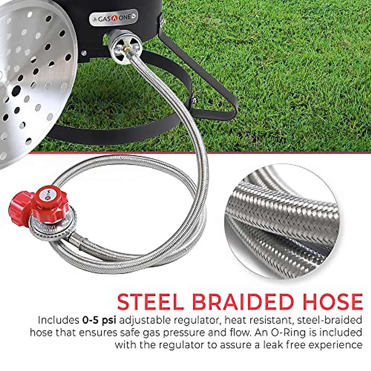 GasOne B-5155-RED Burner with Steamer Pot Turkey Fry & Tamale-with High Pressure Propane Regulator and Hose, Red QCC