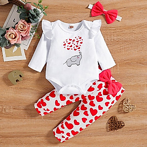 FOCICI Newborn Baby Girl Clothes Infant Valentines Day Outfit Elephant Romper Top Heart Pants Headband 3pc Set 0-3 Months