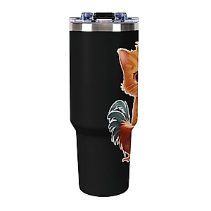 Orange Cat Sitting on A Rooster 40 Oz Tumbler Insulated Stainless Steel Water Bottle Travel Mug Car Cup with Handle And Straw