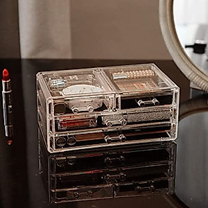 Cq acrylic Clear Makeup Organizer And Storage Stackable Skin Care Cosmetic Display Case With 4 Drawers Make up Stands For Jewelry Hair Accessories Beauty Skincare Product Organizing,Set of 2