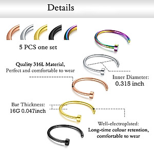 Incaton Nose Ring, 16PCS 316L Surgical Stainless Steel Body Jewelry Piercing Nose Hoop Ring and L Shaped Ring