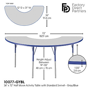 Factory Direct Partners 10077-GYBL Half Moon Activity School and Office Table (36" x 72"), Standard Legs with Swivel Glides, Adjustable Height 19-30" - Gray Top and Blue Edge