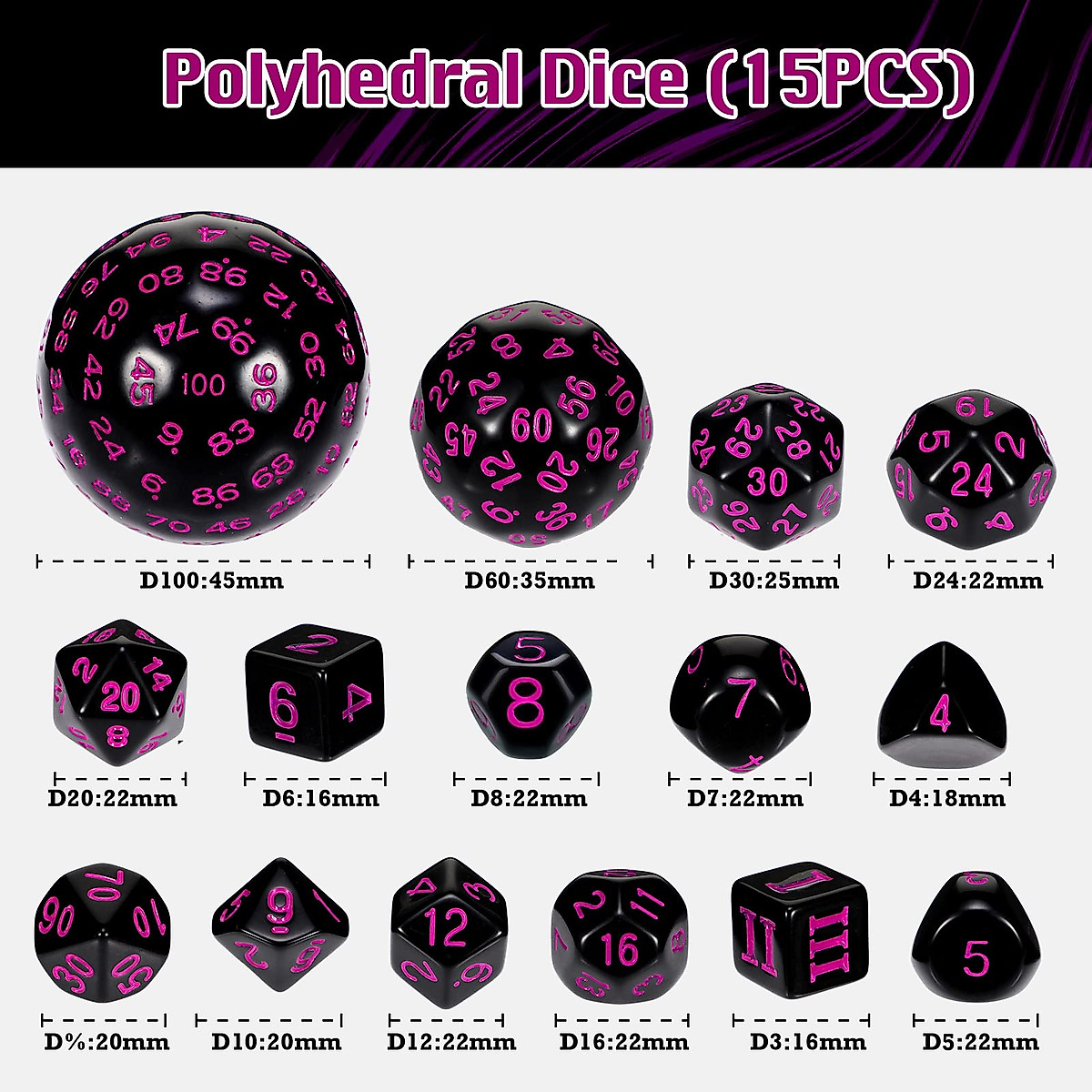 15 Pieces Complete Polyhedral Dice Set D3-D100 Spherical RPG Dice Set in Opaque Black, 100 Sides Dice Set for Role Playing Table Games Party Supplies (Black and Purple)